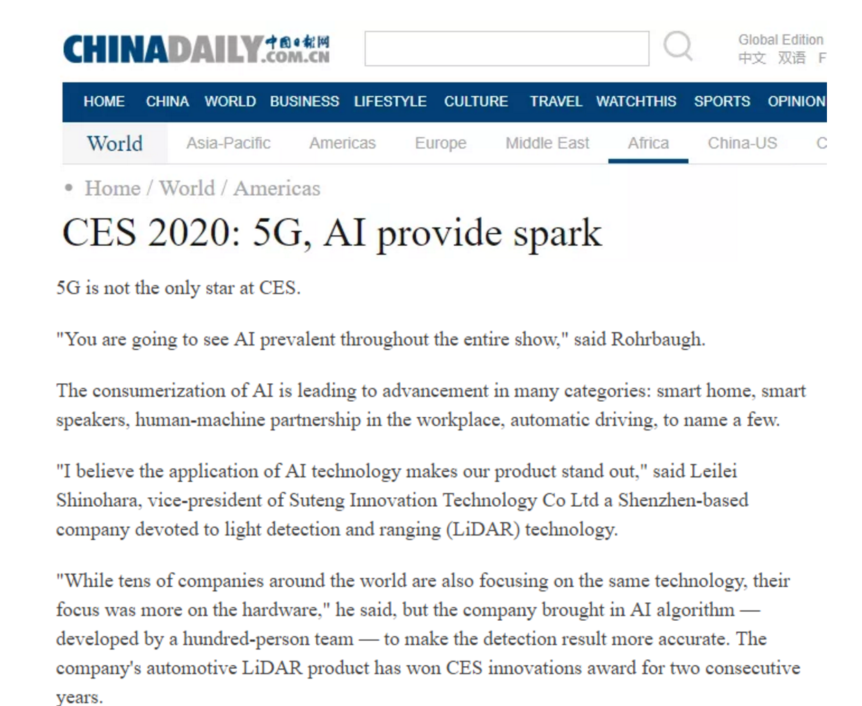 CES2020 | 这款激光雷达引发路透社、彭博社、福布斯等国际顶级媒体围观 - RoboSense速腾聚创 | 让世界更安全，让生活更智能